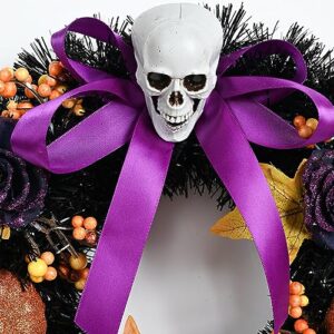 Halloween Skull Wreath,Halloween Wreaths with 20 LED Purple Lights, Skeleton Glitter Pumpkins Maple Leaf Terrifying Eyeball, Front Door Wreath for Indoor, Outdoor, Home, Party Decoration