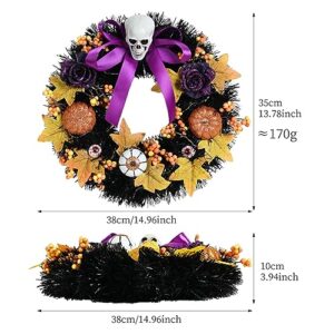 Halloween Skull Wreath,Halloween Wreaths with 20 LED Purple Lights, Skeleton Glitter Pumpkins Maple Leaf Terrifying Eyeball, Front Door Wreath for Indoor, Outdoor, Home, Party Decoration