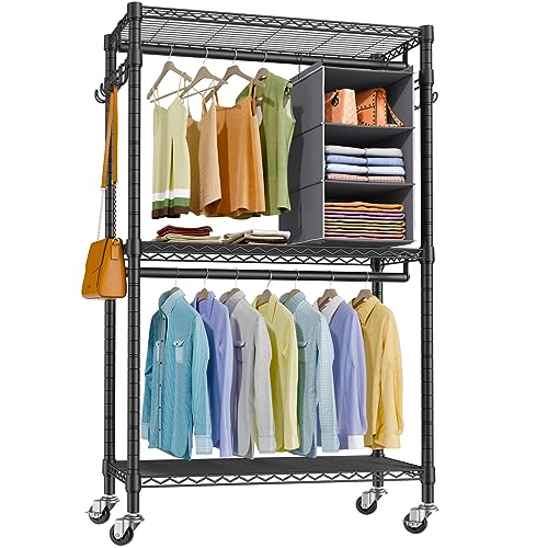 VIPEK V12E Garment Rack Heavy Duty Rolling Clothes Rack with 3 Tiers Adjustable Wire Shelving and Double Rods for Hanging Clothes Freestanding Wardrobe Storage Organzier Metal Clothing Rack, Black