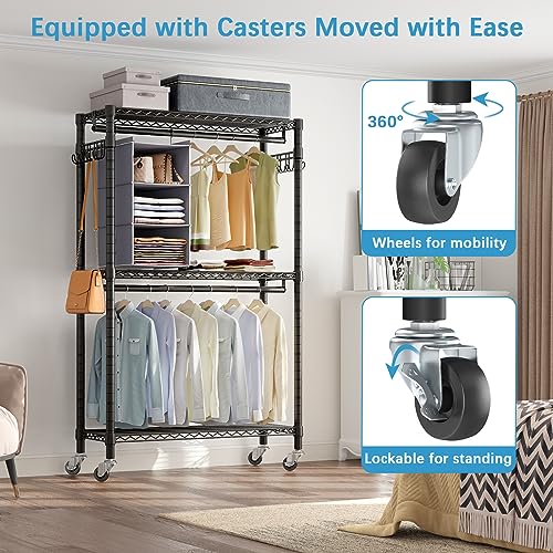 VIPEK V12E Garment Rack Heavy Duty Rolling Clothes Rack with 3 Tiers Adjustable Wire Shelving and Double Rods for Hanging Clothes Freestanding Wardrobe Storage Organzier Metal Clothing Rack, Black