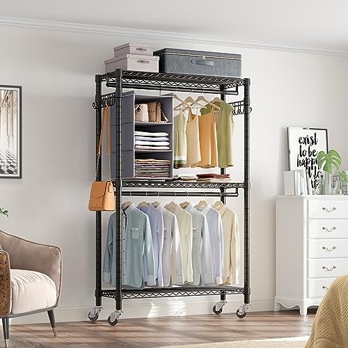 VIPEK V12E Garment Rack Heavy Duty Rolling Clothes Rack with 3 Tiers Adjustable Wire Shelving and Double Rods for Hanging Clothes Freestanding Wardrobe Storage Organzier Metal Clothing Rack, Black