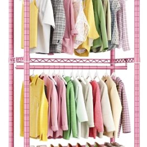 Raybee Clothing Rack Heavy Duty Clothes Rack 79" H Clothes Racks for Hanging Clothes Rolling Clothes Rack Adjustable Clothing Rack with Wheels Wire Garment Rack 79" H X35.5 W X15.7 D, Pink