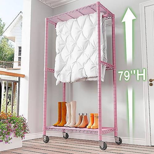 Raybee Clothing Rack Heavy Duty Clothes Rack 79" H Clothes Racks for Hanging Clothes Rolling Clothes Rack Adjustable Clothing Rack with Wheels Wire Garment Rack 79" H X35.5 W X15.7 D, Pink