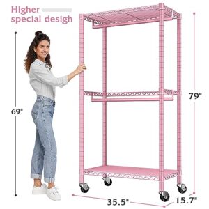 Raybee Clothing Rack Heavy Duty Clothes Rack 79" H Clothes Racks for Hanging Clothes Rolling Clothes Rack Adjustable Clothing Rack with Wheels Wire Garment Rack 79" H X35.5 W X15.7 D, Pink