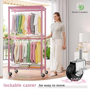 Raybee Clothing Rack Heavy Duty Clothes Rack 79" H Clothes Racks for Hanging Clothes Rolling Clothes Rack Adjustable Clothing Rack with Wheels Wire Garment Rack 79" H X35.5 W X15.7 D, Pink