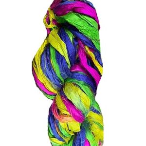 Knit Silk Sari Silk Ribbon Super Bulky Yarn Pink Yellow Blue Green 1 Skein