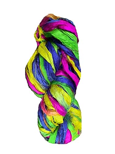 Knit Silk Sari Silk Ribbon Super Bulky Yarn Pink Yellow Blue Green 1 Skein