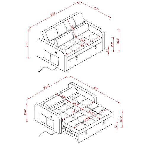 YUNLife&Home Modern Upholstered Futon Loveseat Sofa Convertible to Sleeper Sofá Bed,Love Seat Chaise Lounge Couch Chair 2 Seaters with Adjustable Backrest for Living Room Apartment Small Space