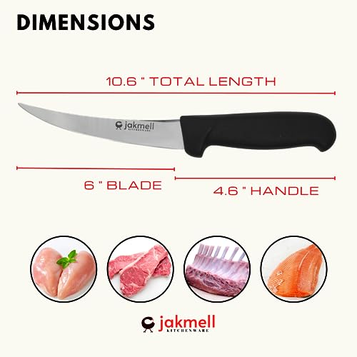 jakmell - 6 Inch Curved Boning Knife with Ergonomic Handle, Filet Knife for Fish and Meat, Butcher Knife for Fileting and Boning, Boning Knife for Home Kitchens and Restaurants