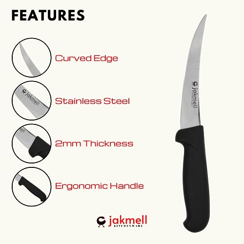 jakmell - 6 Inch Curved Boning Knife with Ergonomic Handle, Filet Knife for Fish and Meat, Butcher Knife for Fileting and Boning, Boning Knife for Home Kitchens and Restaurants