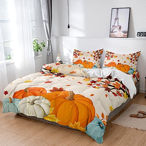 Thanksgiving Orange Pumpkin Fall Maple Leaves Duvet Cover Sets 4 Piece Cal King Ultra Soft Bed Quilt Cover Set for Kids/Teens/Women/Men,Tree Deciduous Bedding Collection All Season Use