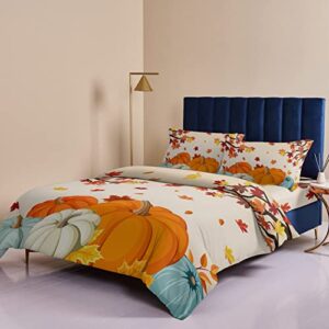 Thanksgiving Orange Pumpkin Fall Maple Leaves Duvet Cover Sets 4 Piece Cal King Ultra Soft Bed Quilt Cover Set for Kids/Teens/Women/Men,Tree Deciduous Bedding Collection All Season Use