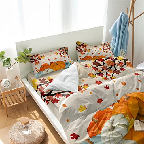 Thanksgiving Orange Pumpkin Fall Maple Leaves Duvet Cover Sets 4 Piece Cal King Ultra Soft Bed Quilt Cover Set for Kids/Teens/Women/Men,Tree Deciduous Bedding Collection All Season Use