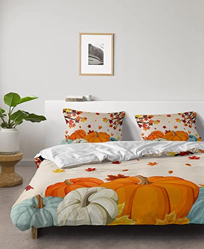 Thanksgiving Orange Pumpkin Fall Maple Leaves Duvet Cover Sets 4 Piece Cal King Ultra Soft Bed Quilt Cover Set for Kids/Teens/Women/Men,Tree Deciduous Bedding Collection All Season Use