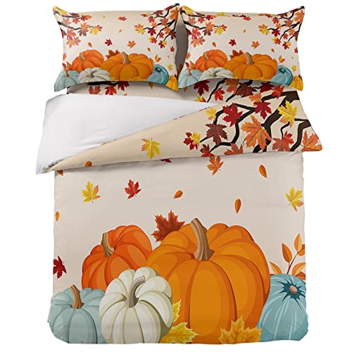 Thanksgiving Orange Pumpkin Fall Maple Leaves Duvet Cover Sets 4 Piece Cal King Ultra Soft Bed Quilt Cover Set for Kids/Teens/Women/Men,Tree Deciduous Bedding Collection All Season Use