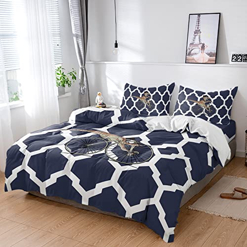 Moroccan Textured Dinosaur on Bicycle Duvet Cover Sets 4 Piece Twin Ultra Soft Bed Quilt Cover Set for Kids/Teens/Women/Men,Modern Minimalism Navy Blue Back Bedding Collection All Season Use