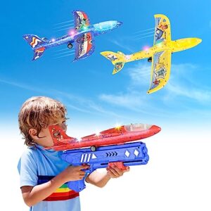 3 Pack Airplane Launcher Toy, 2 Flight Modes LED Foam Glider Catapult Plane Toy with 3 DIY Stickers for Boys, Outdoor Flying Toys for Boys Girls for 4 5 6 7 8 9 10 12 Year Old Kids Birthday Gifts