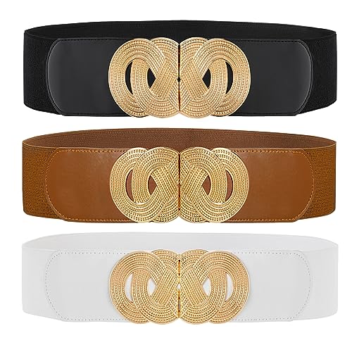 XZQTIVE 3 Pieces Women Wide Waist Belt For Dress Sweater Fashion Elastic Stretch Waistband With Gold Circle Hook Buckle