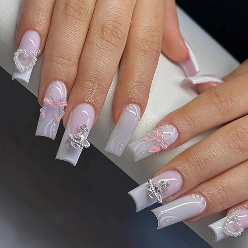 MISUD Long Square Press on Nails Squoval Fake Nails Glossy Glue on Nails White French Tip Acrylic Nails Saturn Rhinestone Arificial Nails 3D Bow False Nails with Design 24 pcs