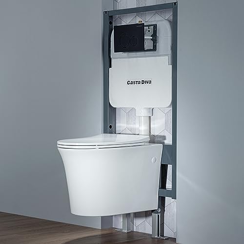 Casta Diva In-Wall Toilet Combo Set Incl. Wall Hung Toilet Bowl & Seat, Wall Tank and Carrier System, For 2x4 / 2x6 Studs