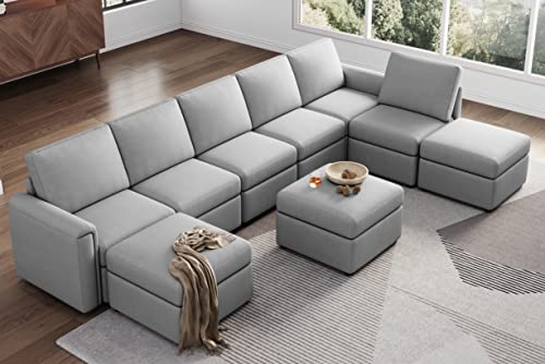 LINSY HOME Modular Sectional Sofa, Oversized Sectional Couch with Storage, Ottomans, Modular Sectional Sleeper Sofa with Memory Foam, 9 Seat U Shape Sofa Set for Living Room, Grey