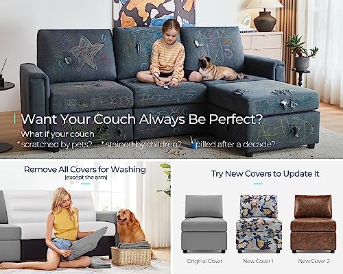 LINSY HOME Modular Sectional Sofa, Oversized Sectional Couch with Storage, Ottomans, Modular Sectional Sleeper Sofa with Memory Foam, 9 Seat U Shape Sofa Set for Living Room, Grey