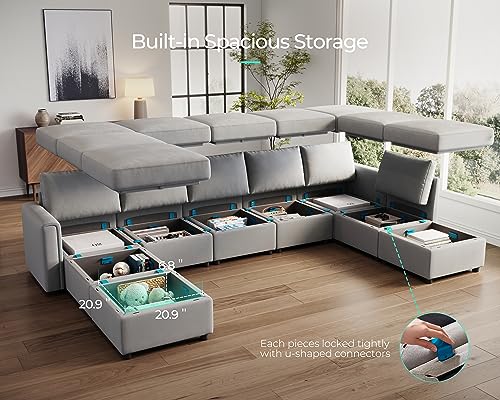 LINSY HOME Modular Sectional Sofa, Oversized Sectional Couch with Storage, Ottomans, Modular Sectional Sleeper Sofa with Memory Foam, 9 Seat U Shape Sofa Set for Living Room, Grey