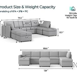 LINSY HOME Modular Sectional Sofa, Oversized Sectional Couch with Storage, Ottomans, Modular Sectional Sleeper Sofa with Memory Foam, 9 Seat U Shape Sofa Set for Living Room, Grey