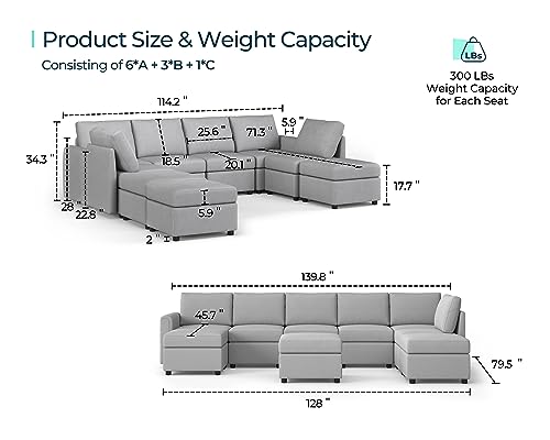 LINSY HOME Modular Sectional Sofa, Oversized Sectional Couch with Storage, Ottomans, Modular Sectional Sleeper Sofa with Memory Foam, 9 Seat U Shape Sofa Set for Living Room, Grey