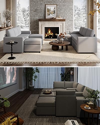 LINSY HOME Modular Sectional Sofa, Oversized Sectional Couch with Storage, Ottomans, Modular Sectional Sleeper Sofa with Memory Foam, 9 Seat U Shape Sofa Set for Living Room, Grey