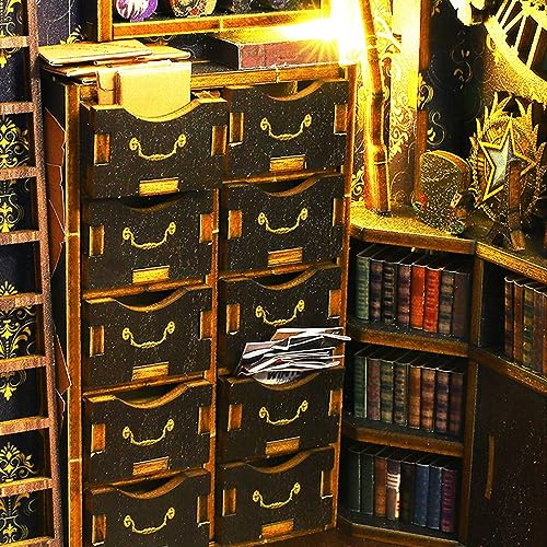 DIY Book Nook Kit, 3D Wooden Puzzle Booknook, Dollhouse Miniature Detective Agency Kits, Bookshelf Insert Decor Alley with LED Light, Assembled Bookends Crafts for Kids/Adults