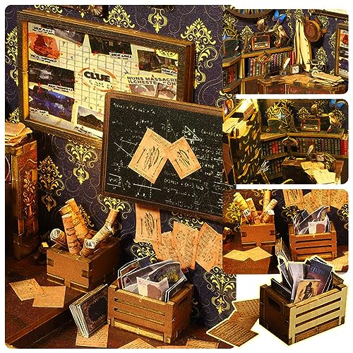 DIY Book Nook Kit, 3D Wooden Puzzle Booknook, Dollhouse Miniature Detective Agency Kits, Bookshelf Insert Decor Alley with LED Light, Assembled Bookends Crafts for Kids/Adults