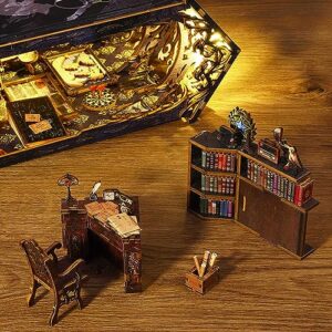 DIY Book Nook Kit, 3D Wooden Puzzle Booknook, Dollhouse Miniature Detective Agency Kits, Bookshelf Insert Decor Alley with LED Light, Assembled Bookends Crafts for Kids/Adults