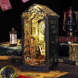 DIY Book Nook Kit, 3D Wooden Puzzle Booknook, Dollhouse Miniature Detective Agency Kits, Bookshelf Insert Decor Alley with LED Light, Assembled Bookends Crafts for Kids/Adults