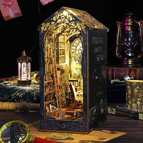 DIY Book Nook Kit, 3D Wooden Puzzle Booknook, Dollhouse Miniature Detective Agency Kits, Bookshelf Insert Decor Alley with LED Light, Assembled Bookends Crafts for Kids/Adults