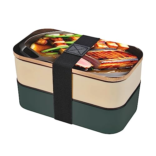 Delicious Grilled Meat Adult Lunch Box, Bento Box, With Cutlery Set Of 3, 2 Compartments, Rectangular, Lunch Box For Adults