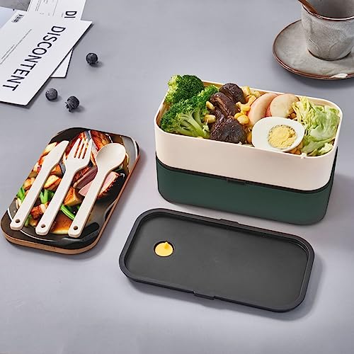 Delicious Grilled Meat Adult Lunch Box, Bento Box, With Cutlery Set Of 3, 2 Compartments, Rectangular, Lunch Box For Adults