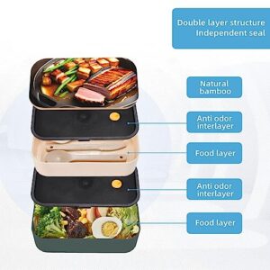 Delicious Grilled Meat Adult Lunch Box, Bento Box, With Cutlery Set Of 3, 2 Compartments, Rectangular, Lunch Box For Adults