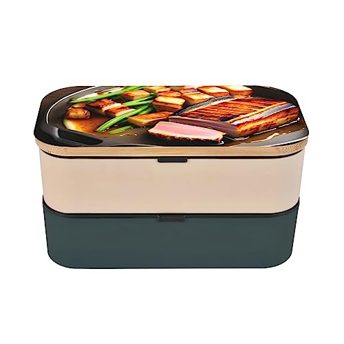 Delicious Grilled Meat Adult Lunch Box, Bento Box, With Cutlery Set Of 3, 2 Compartments, Rectangular, Lunch Box For Adults