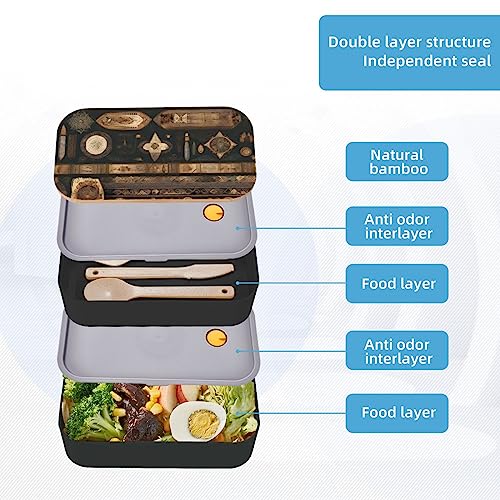 Bohemian Style Adult Lunch Box, Bento Box, With Cutlery Set Of 3, 2 Compartments, Rectangular, Lunch Box For Adults