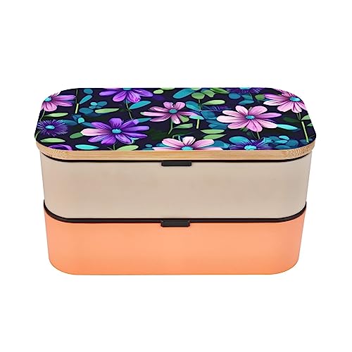 Purple Camellia Adult Lunch Box, Bento Box, With Cutlery Set Of 3, 2 Compartments, Rectangular, Lunch Box For Adults