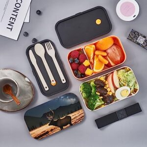 Elk In The Meadow Adult Lunch Box, Bento Box, With Cutlery Set Of 3, 2 Compartments, Rectangular, Lunch Box For Adults