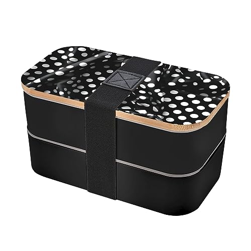 Black And White Corrugated Dots Adult Lunch Box, Bento Box, With Cutlery Set Of 3, 2 Compartments, Rectangular, Lunch Box For Adults