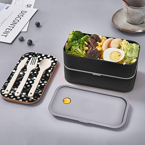 Black And White Corrugated Dots Adult Lunch Box, Bento Box, With Cutlery Set Of 3, 2 Compartments, Rectangular, Lunch Box For Adults