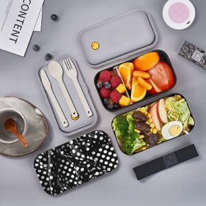 Black And White Corrugated Dots Adult Lunch Box, Bento Box, With Cutlery Set Of 3, 2 Compartments, Rectangular, Lunch Box For Adults