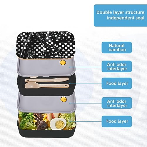 Black And White Corrugated Dots Adult Lunch Box, Bento Box, With Cutlery Set Of 3, 2 Compartments, Rectangular, Lunch Box For Adults