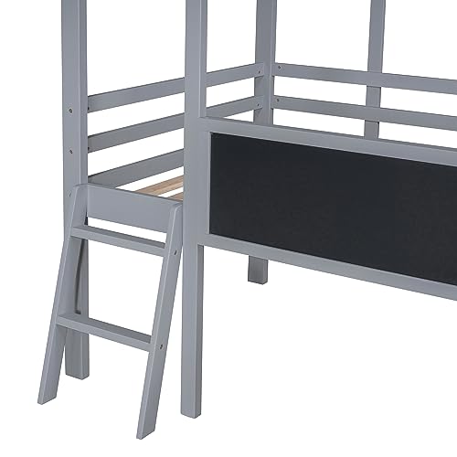 CITYLIGHT Twin Size Loft Bed with Slide, Low Loft Bed Frame with Blackboard and Light Strip on The Roof, Wood Kids Slide Bed for Girls, Boys, Grey