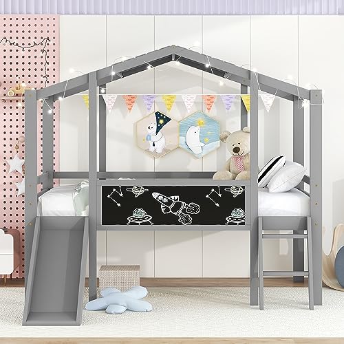 CITYLIGHT Twin Size Loft Bed with Slide, Low Loft Bed Frame with Blackboard and Light Strip on The Roof, Wood Kids Slide Bed for Girls, Boys, Grey