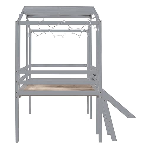 CITYLIGHT Twin Size Loft Bed with Slide, Low Loft Bed Frame with Blackboard and Light Strip on The Roof, Wood Kids Slide Bed for Girls, Boys, Grey