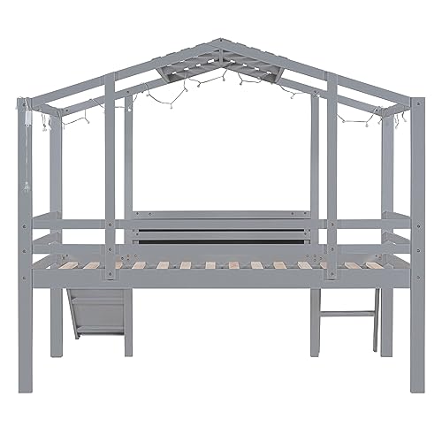 CITYLIGHT Twin Size Loft Bed with Slide, Low Loft Bed Frame with Blackboard and Light Strip on The Roof, Wood Kids Slide Bed for Girls, Boys, Grey